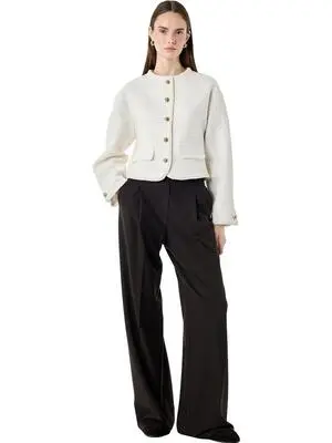 Koton Crew Neck Long Sleeve Tweed Jacket With Jeweled Buttons - Ecru