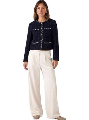 Koton Crew Neck Long Sleeve Tweed Jacket - Navy