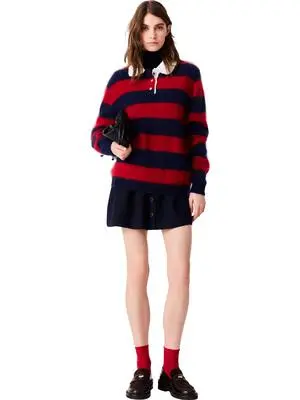 Maje Fluffy Sweater With Poplin Collar - Navy/red