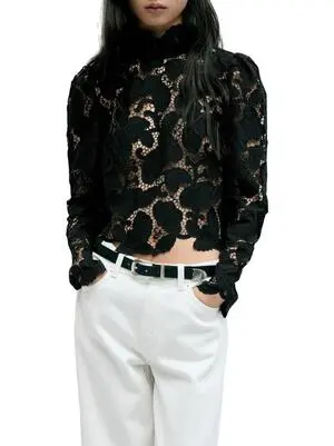 Mango Guipure Lace Long Sleeve Top - Black