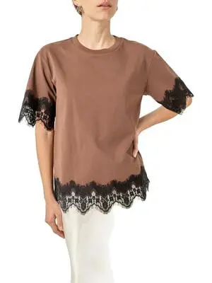 English Factory Lace Trim Cotton T-shirt - Brown