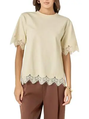 English Factory Lace Trim Cotton T-shirt - Cream