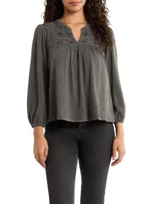 Lucky Brand Mixed Stitch Peasant Top - Gray
