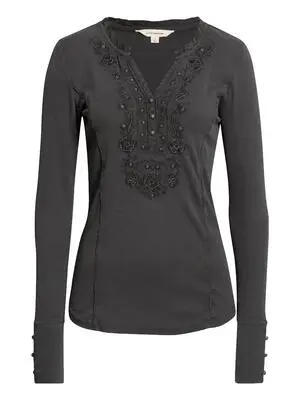 Lucky Brand Floral Appliqué Cotton Henley Top - Raven