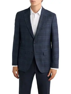 BOSS Hutson Slim Fit Plaid Slub Wool Blend Sport Coat - Navy