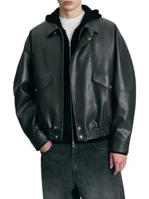 DUNST Gender Inclusive Cropped Faux Leather Bomber Jacket - Black