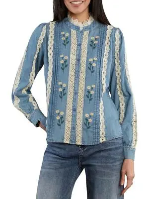 BILLY T Embroidered Lace Pintuck Shirt - Washed Blue