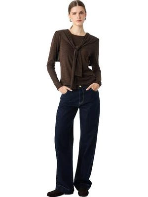 Koton Long Sleeve Tie-front Shawl Collar Top - Brown