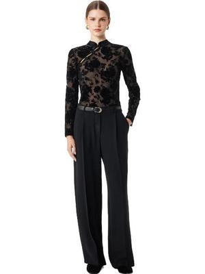 Koton Long Sleeve High Qipao Neck Floral Mesh Top - Black Design