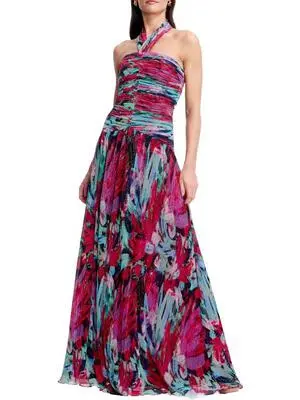 Dress The Population Lillian Floral Metallic Halter Gown - Bright Fuchsia Multi