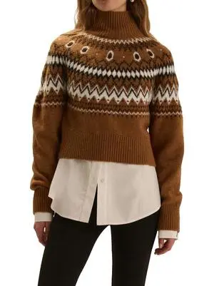 FAVORITE DAUGHTER The Chalet Fair Isle Turtleneck Sweater - Camel Multi