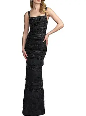Mac Duggal Geometric Embllished Gown With Fringe - Black