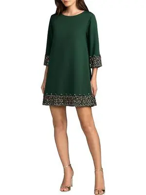 Mac Duggal Embellished Trim Mini Dress With 3/4 Sleeves - Deep Green