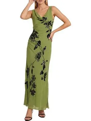 Nasty Gal Cowl Embellished Ruched Side Maxi Dress - Green