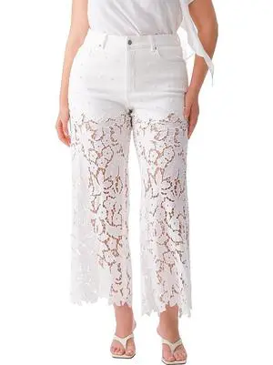 BAYEAS Plus Embroidery Wide Leg Lace Denim Jeans With Pearl In Snowfeather