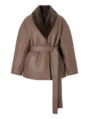 JOSEPH Belted Shearling-trimmed Leather Jacket - Light Brown