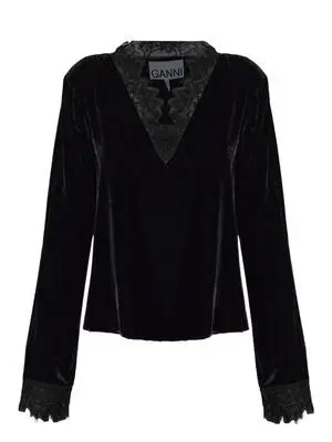 GANNI Lace-trimmed Velvet Top - Black