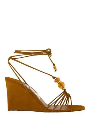 JIMMY CHOO Lova Bead-embellished Suede Wedge Sandals Tan
