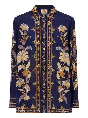 Farm Rio Liz Printed Crepe De Chine Shirt - Blue