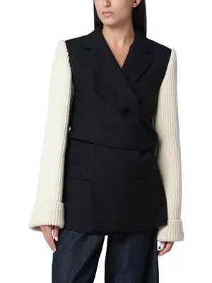 Dries Van Noten White Jacket With Ribbed Knit Sleeves - Black