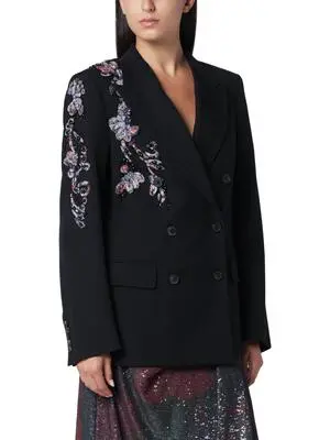Dries Van Noten Black Double-breasted Jacket With Floral Sequinned Appliqués Black