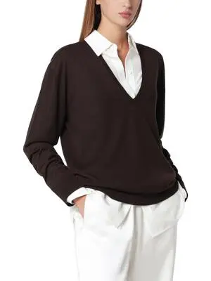 TOTEME V-neck Sweater In Lyocell And Cashmere - Brown