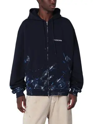 Balenciaga Navy Zip-up Sweatshirt With Paint-stain Effect - Blue