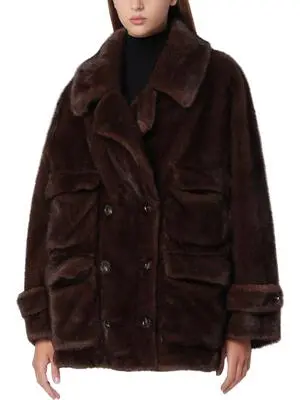 SWORD 6644 Dark Brown Double-breasted Faux Fur Coat