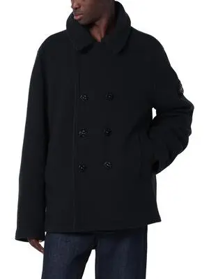Stone Island Navy Double-breasted Coat In Wool And Cashmere - Blue