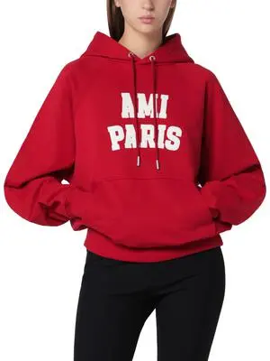 AMI Paris Hooded Sweatshirt With Logo Embroidery - Red