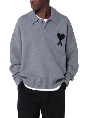 AMI Paris De Coeur Wool Polo Sweater - Grey
