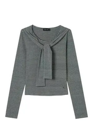 TOUT A COUP Striped Tie-detail Top - Grey