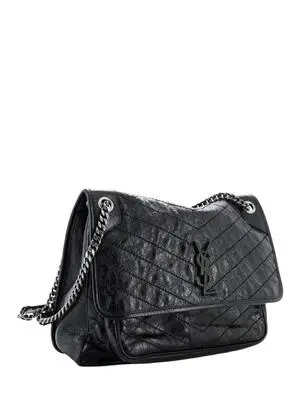 Saint Laurent Niki Chain Flap Bag Matelasse Chevron Leather Medium Shoulder Bag - Black