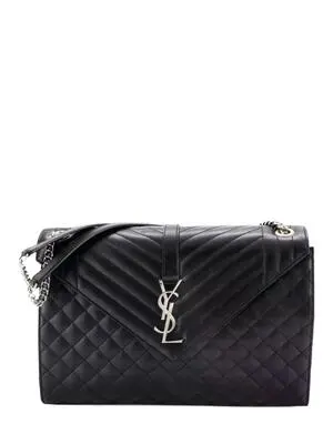 Saint Laurent Classic Monogram Envelope Satchel Mixed Matelasse Leather Large Shoulder Bag - Black