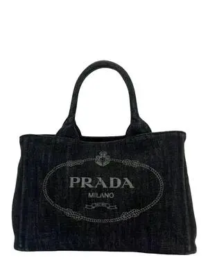 Prada 2013-2026 Small Denim Canapa Logo Tote Satchel - Black