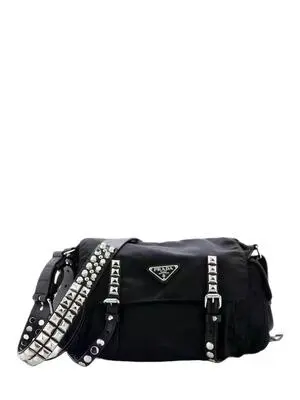 Prada New Vela Flap Messenger Bag Tessuto With Studded Leather Medium Crossbody Bag Black