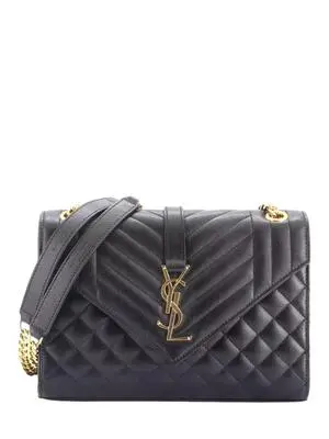 Saint Laurent Classic Monogram Envelope Satchel Mixed Matelasse Leather Medium Shoulder Bag - Black