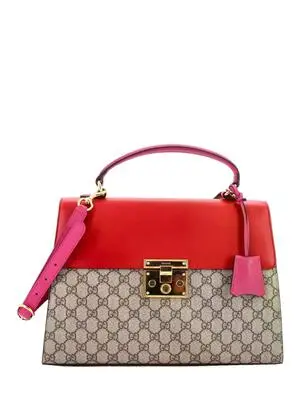 Gucci Padlock Top Handle Bag Gg Coated Canvas And Leather Medium Satchel Brown