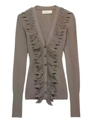 Blumarine Ruffled Ribbed-knit Cardigan - Brown