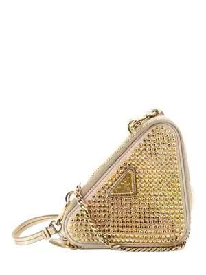 Prada Triangle Double Pouch Crystal Embellished Satin Mini Crossbody Bag - Gold