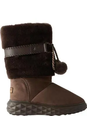 JIMMY CHOO Shearling-trimmed Suede Knee Boots - Brown