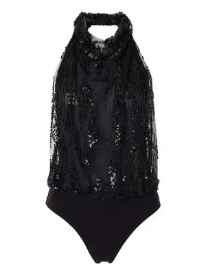 Staud Monay Flocked Bead-embellished Jersey Bodysuit - Black