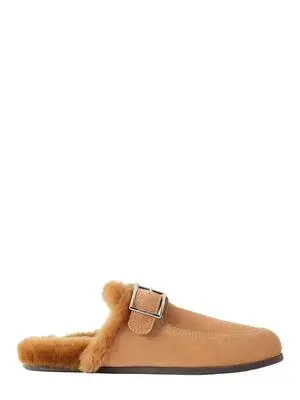 JIMMY CHOO Shearling-trimmed Suede Mules - Brown