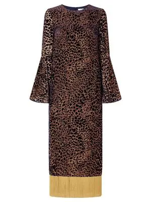 Borgo De Nor Astoria Fringed Leopard-jacquard Devoré Midi Dress - Brown