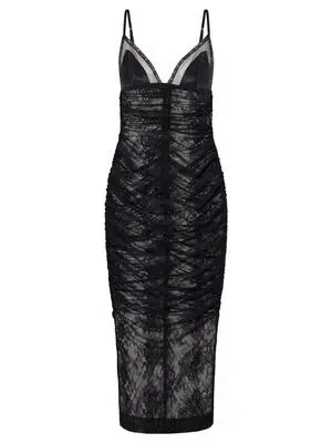 Dolce & Gabbana Gathered Satin-trimmed Chantilly Lace Midi Dress - Black