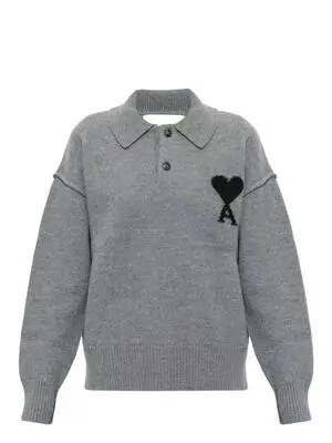 AMI Paris De Coeur Wool Polo Shirt - Grey