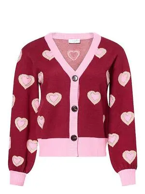 NEVER FULLY DRESSED Hearts-intarsia V-neck Knitted Cardigan - Red