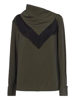Camilla And Marc Una Drape Collar Fringe Woven Shirt - Dark Emerald