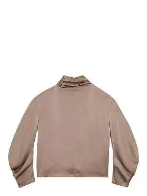 REISS Meena High-neck Long-sleeve Silk Shirt 8 Neutral
