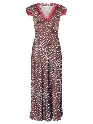 NEVER FULLY DRESSED Olivia Printed Satin Midi Dress - Chocolate